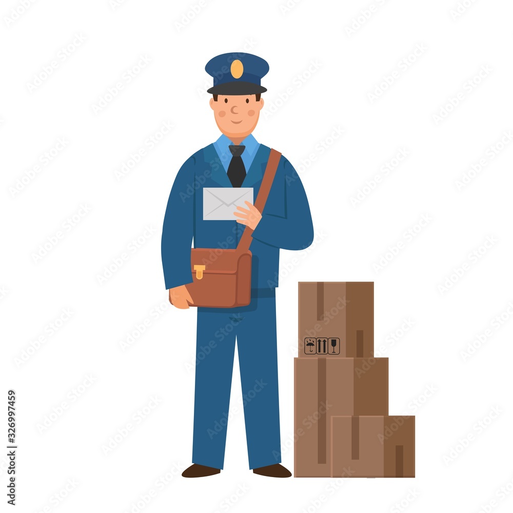Cartoon postman with letter and boxes, character for children. Flat ...