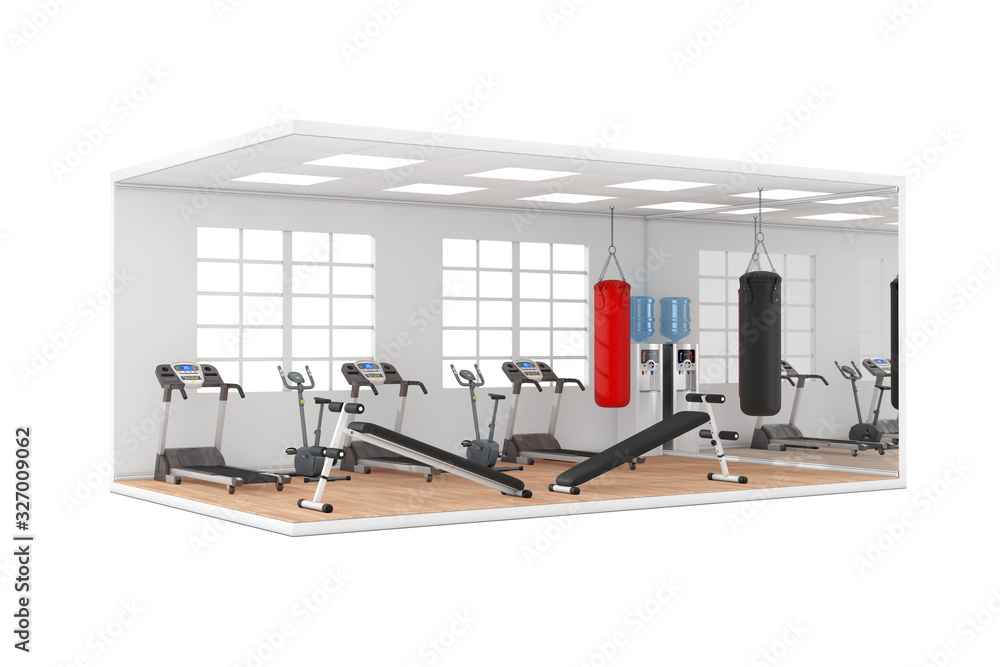 Gymnasium Room Interior with Large Window, Exercise Benches, Leather ...