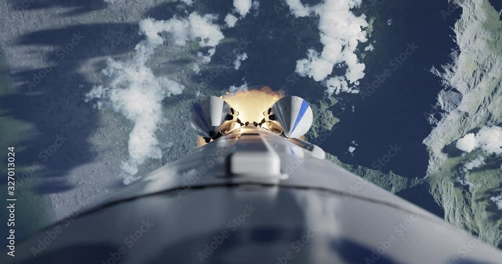 Rocket flying after launch animation. Daylight. Realistic cinematic 4k ...