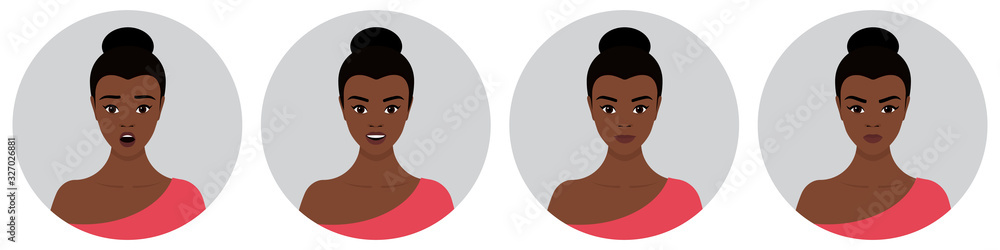 A set of four round female avatars with different emotions: joy ...