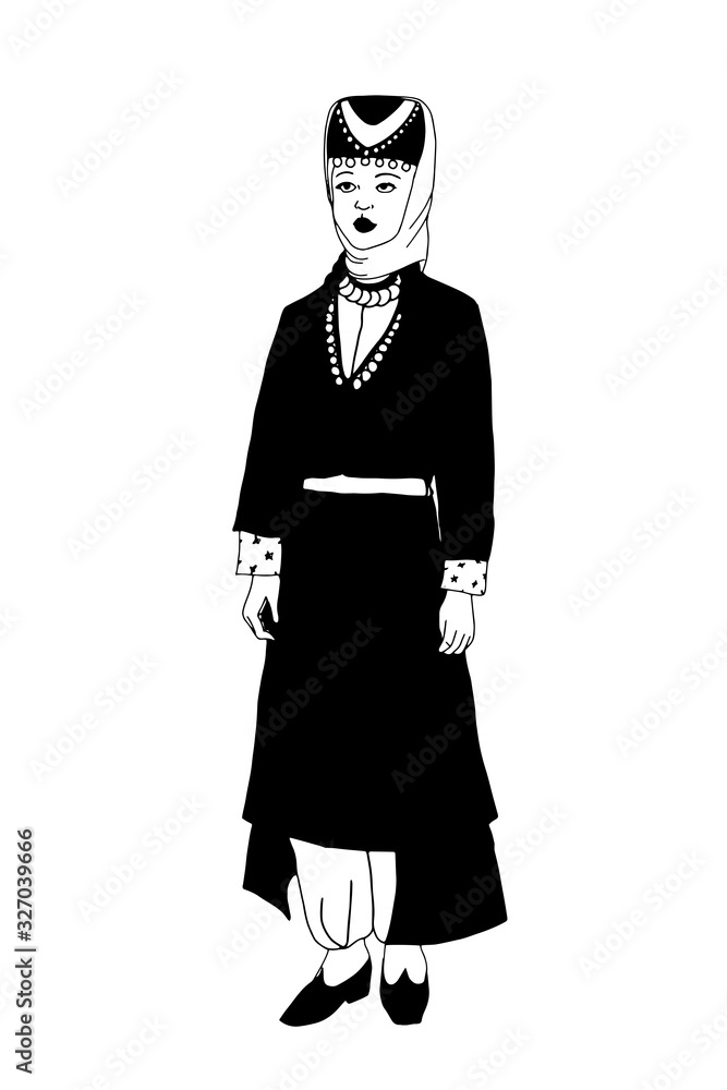 traditional woman standing and wearing turkish culture clothes ...