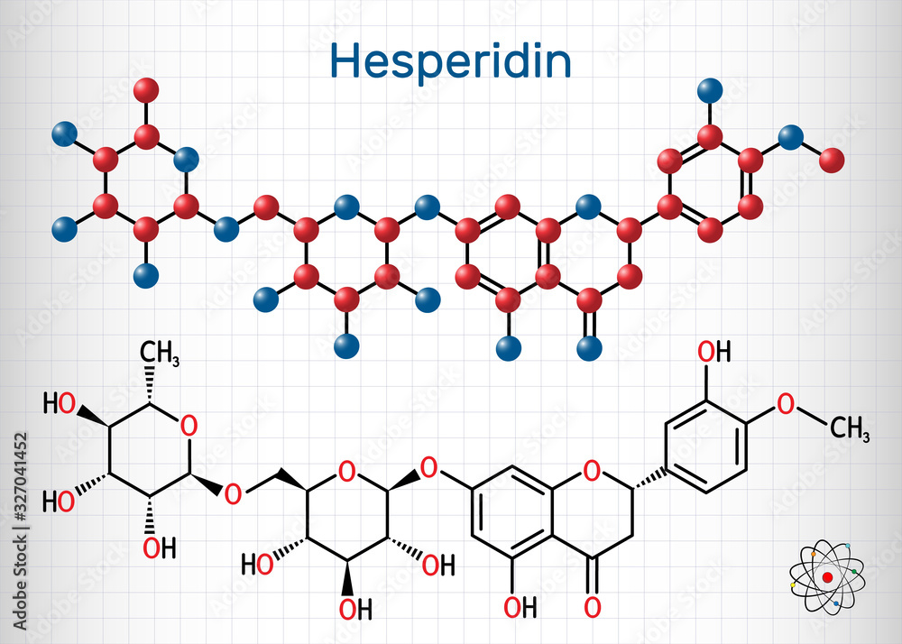 Hesperidin, C28H34O15, flavonoid molecule. It is flavanone glycoside ...