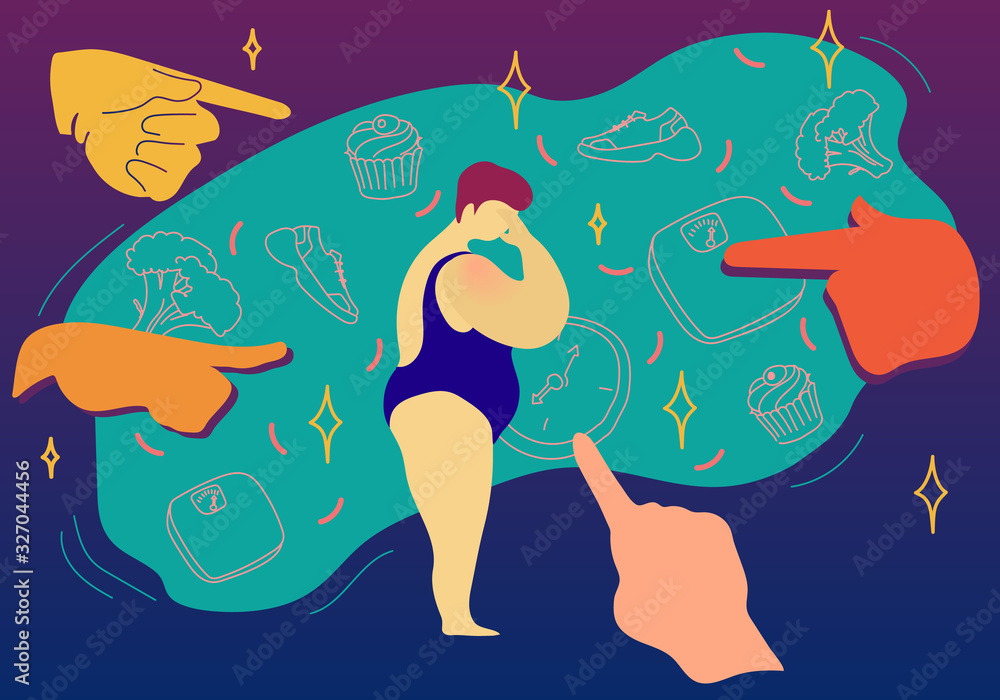 Fat shaming concept vector illustration. Sad plus size woman in ...