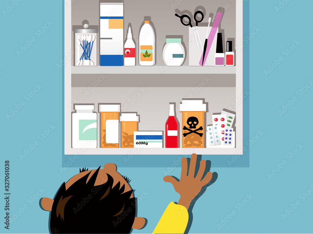 Child reaching to a dangerous drug in a medicine cabinet at home, EPS 8 ...