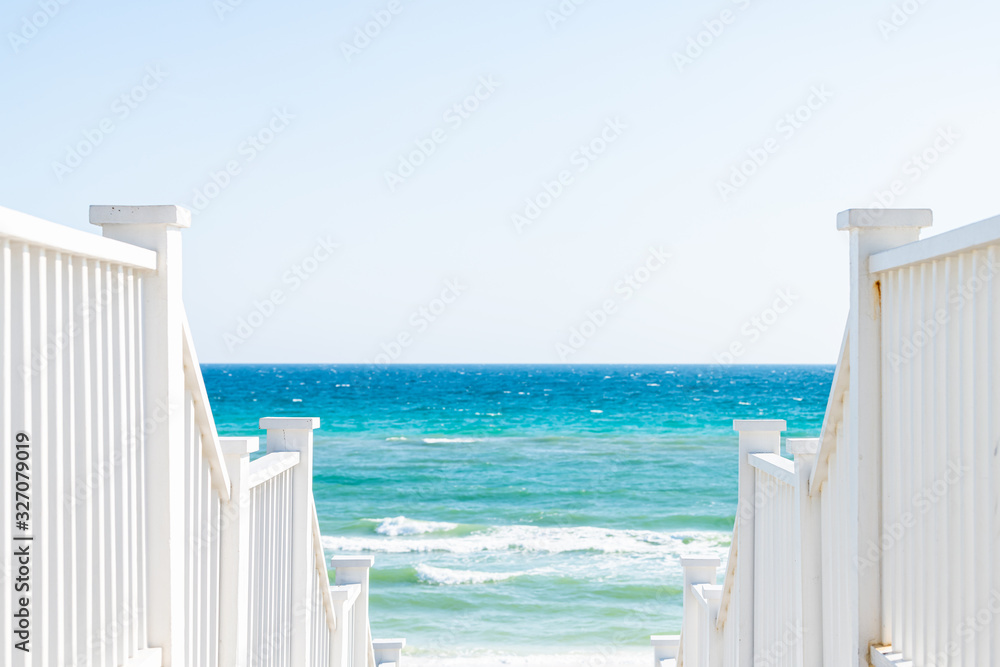 Seaside, Florida railing wooden stairway walkway down view of ...