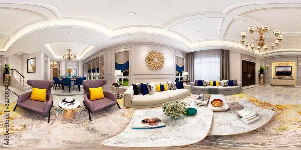 3d render modern living and dining room, 360 degrees view. Stock Photo ...