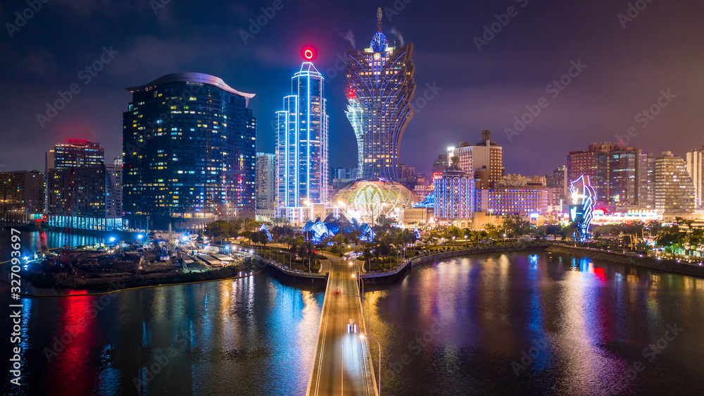Macau skyscraper and skyline cityscape at night, All hotel and ...