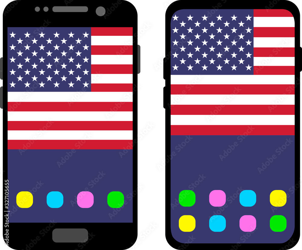Two black smartphones with a home screen and wallpaper with the flag of ...