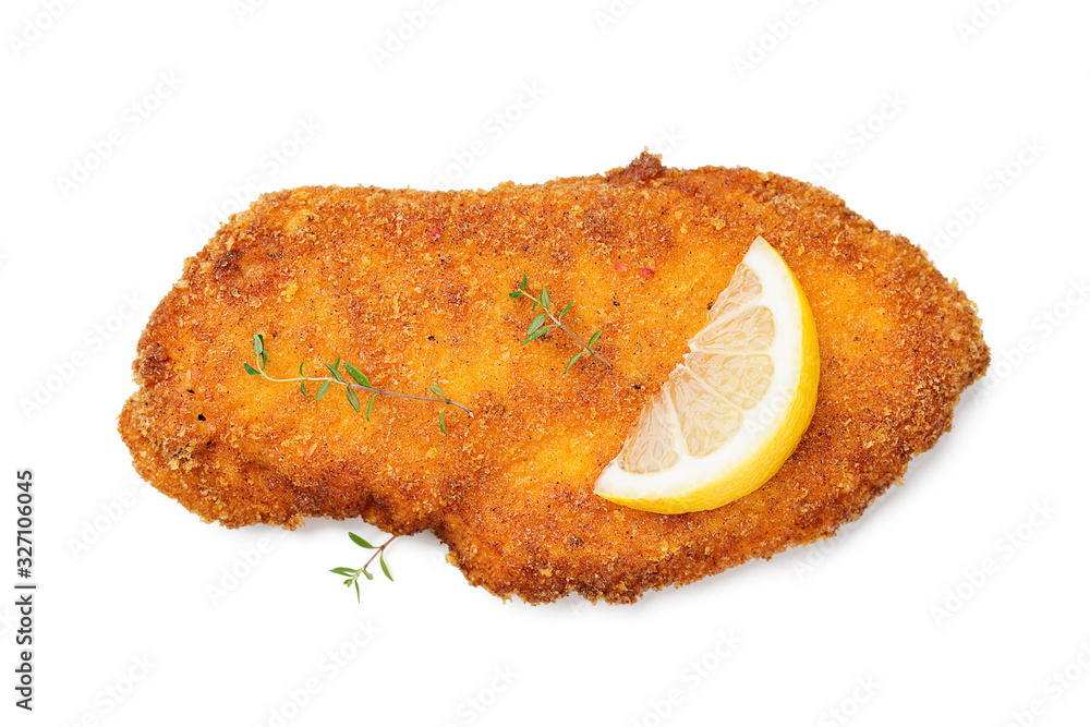 Homemade breaded chicken schnitzel . isolated on white background Stock ...