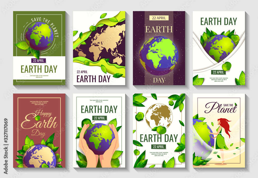 Set of 8 cards for Earth Day, World Environment Day with globe and ...