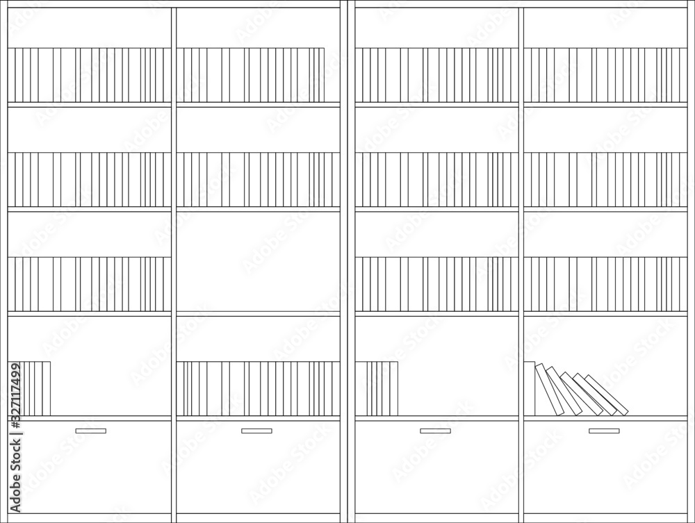 2D black and white CAD drawing of the bookshelf from the front ...