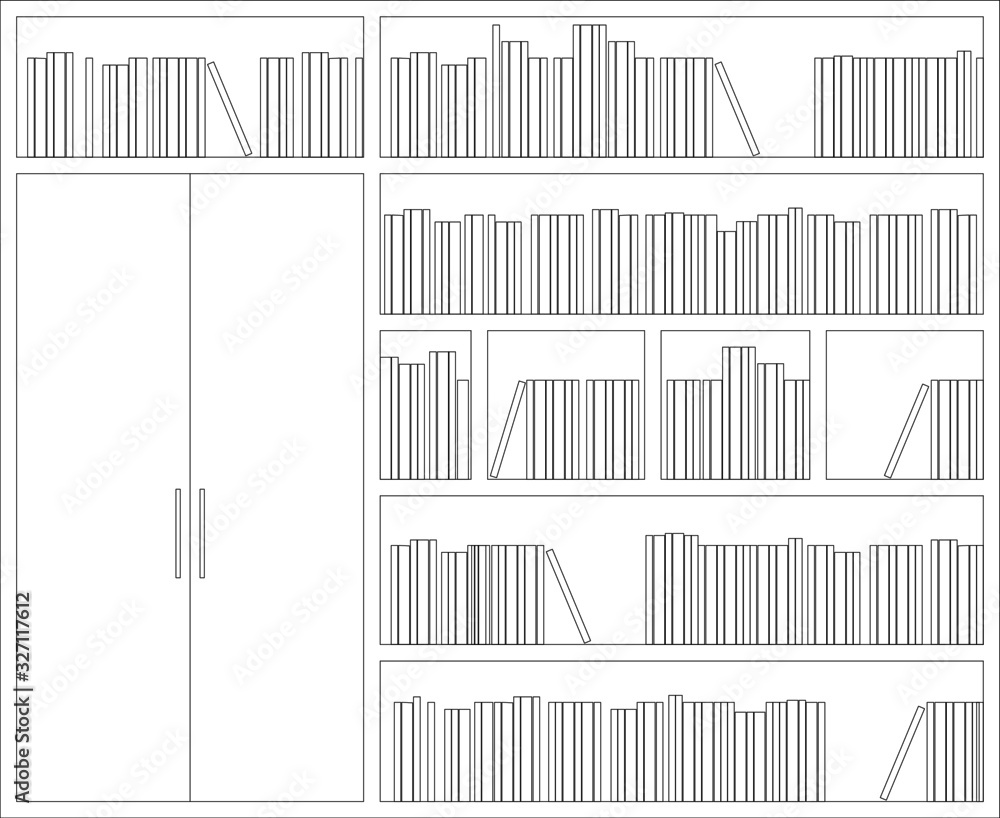 2D black and white CAD drawing of the bookshelf from the front ...