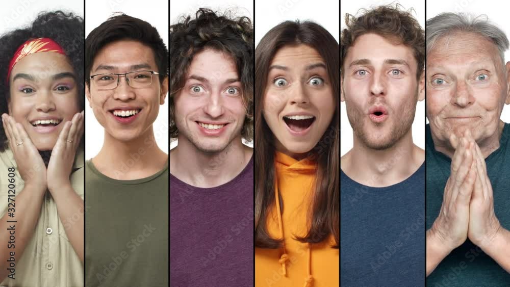 Multiscreen diverse collage of people express surprise and wonder. Men ...