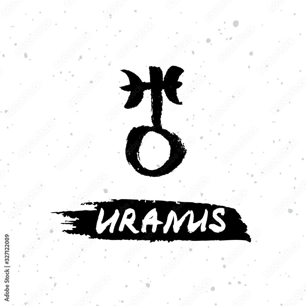 Vector handdrawn brush ink illustation of Uranus sign with lettering ...