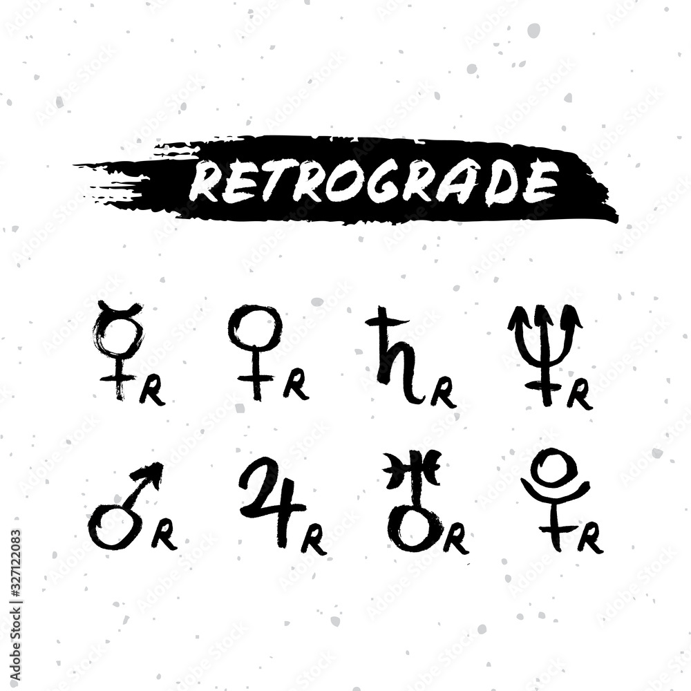 Vector handdrawn brush ink illustration set of retrograde planets signs ... Vector handdrawn brush ink illustration set of retrograde planets signs ...