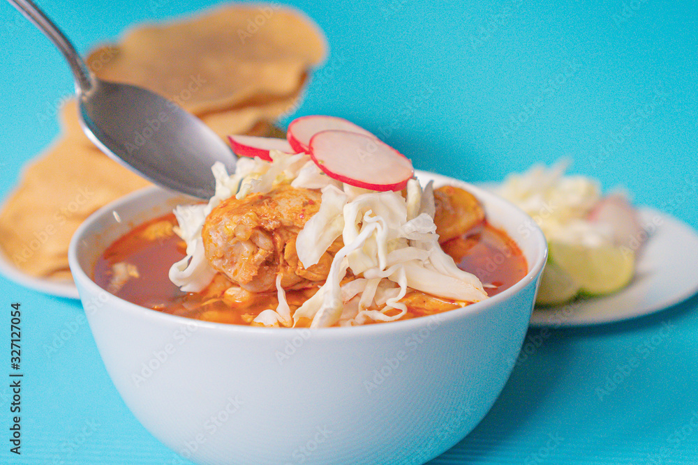 Delicious typical Mexican red Mexican pozole with tostadas Stock Photo ...