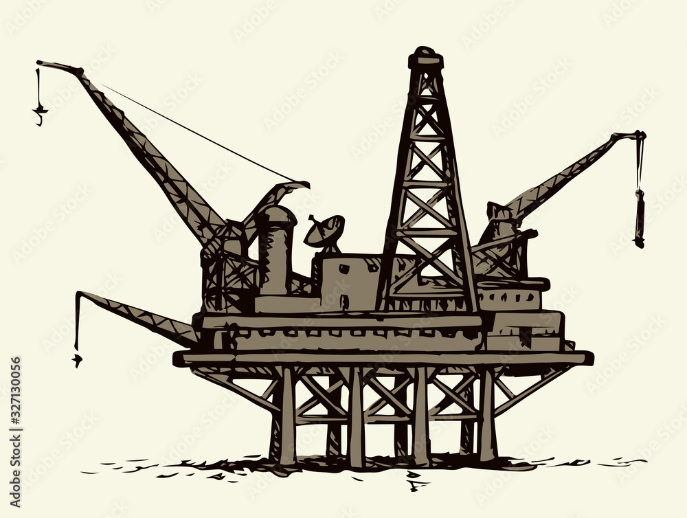 Offshore oil rig. Vector ink style illustration Stock Vector | Adobe Stock