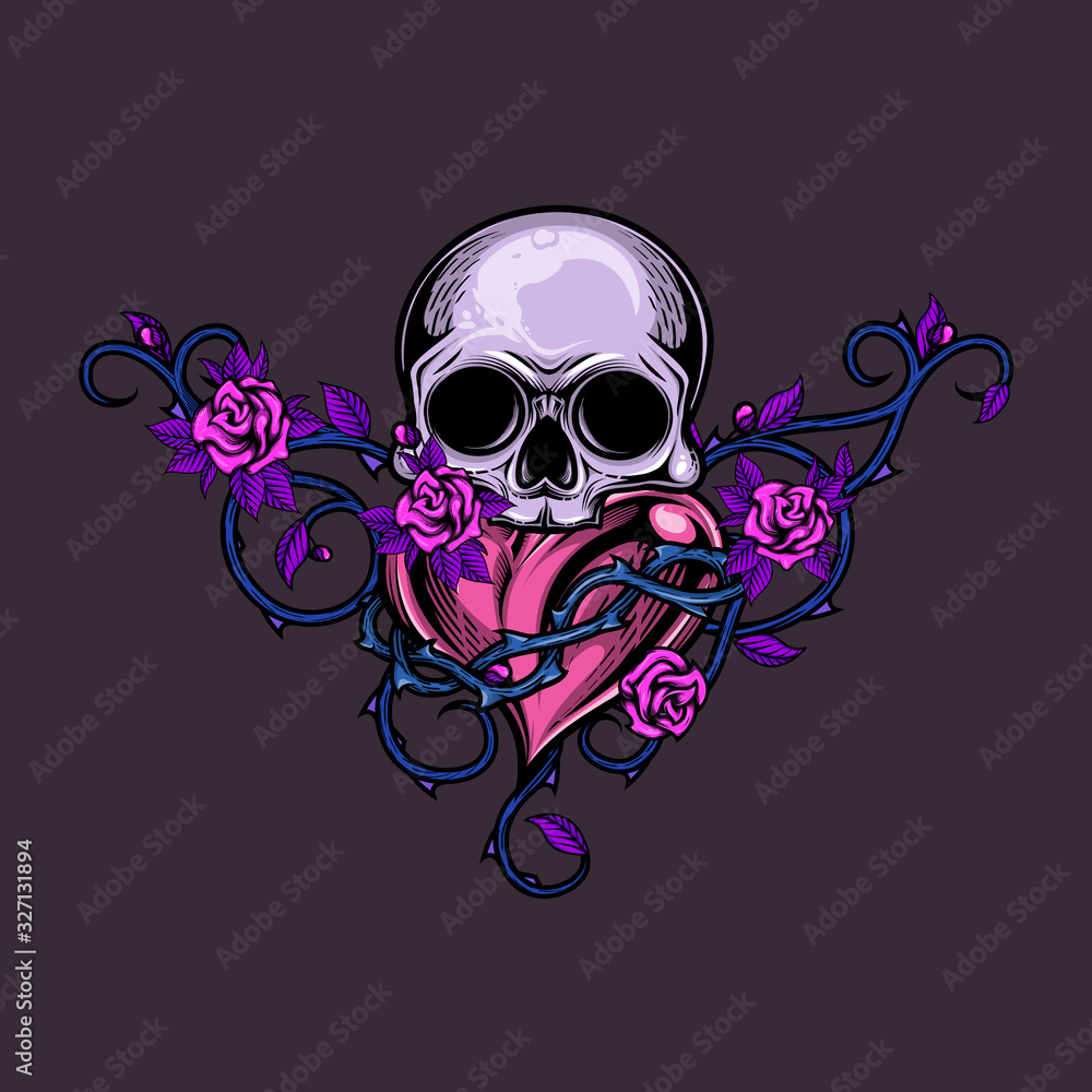 Skull and heart with floral arrangement. Colorful vector illustration ...