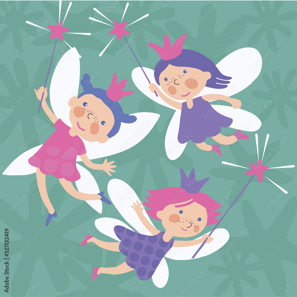 Set Of Flying Fairies Of Many Colors And Poses Vector Illustration ...