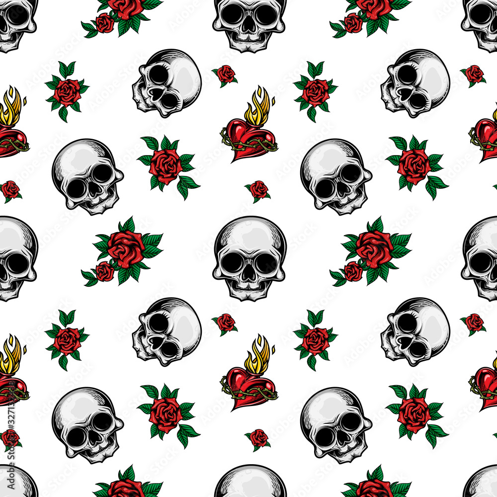 Human skulls with roses and sacred heart seamless pattern. Vector ...
