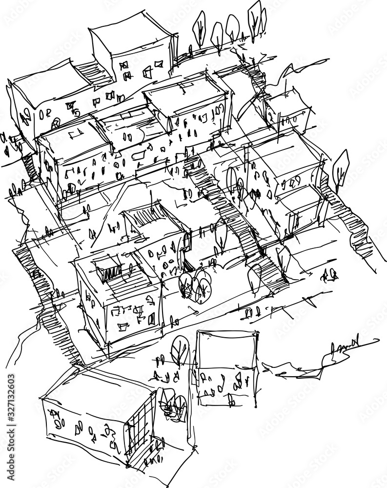 hand drawn architectural sketch of a modern urbanism with buidlings and ...