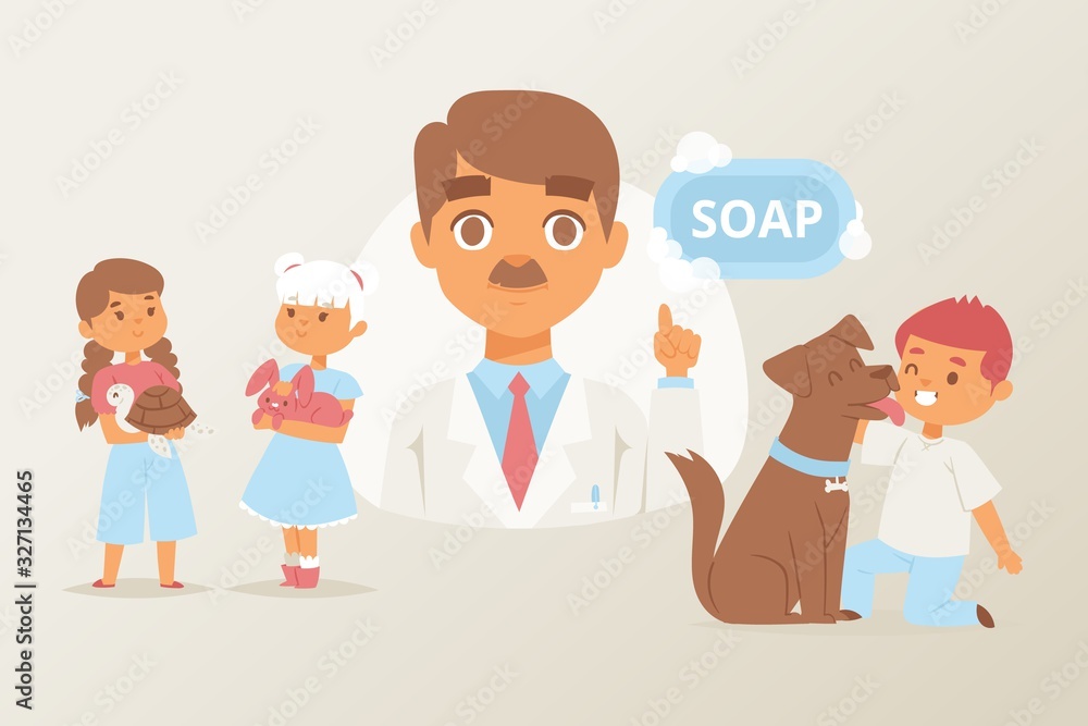 Wash your hand with soap after animals vector illustration with doctor ...