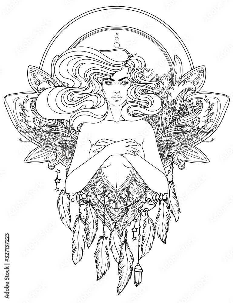 Pretty fairy elf. Portrait of young woman view with long hair. Pixie ...