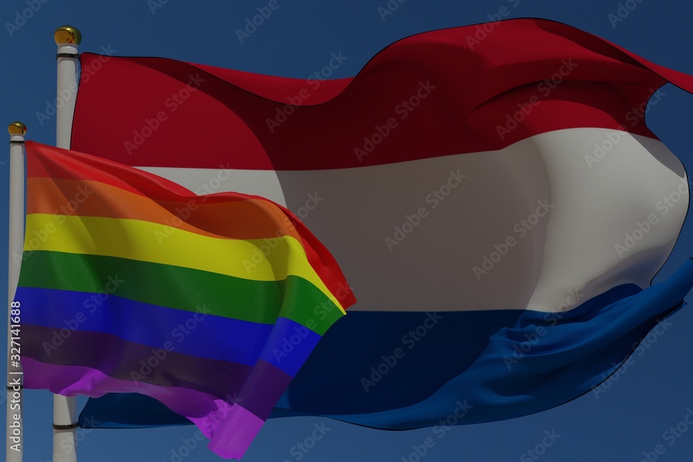 LGBT flag and The Netherlands national flag on a pole waving in the ...