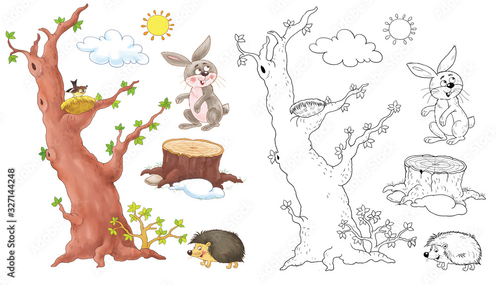 Four seasons. In the forest. Cute hare and hedgehog. Coloring page ...