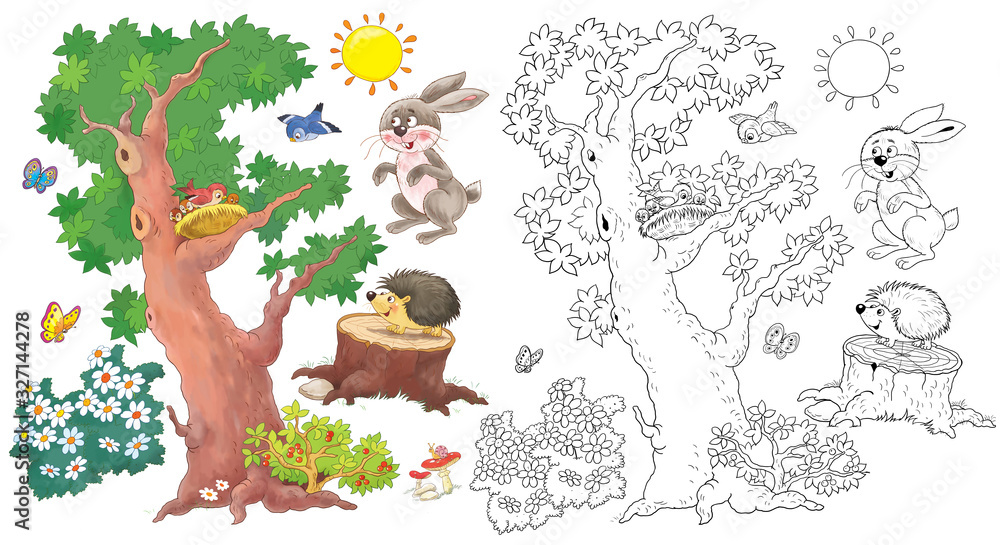 Four seasons. In the forest. Cute hare and hedgehog. Coloring page ...