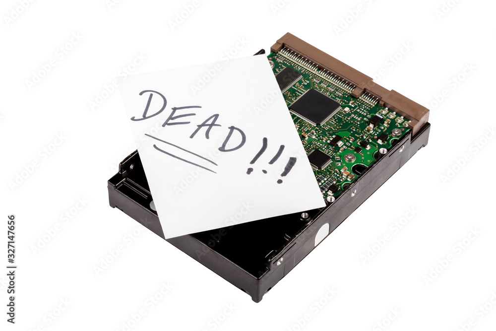 Dead labeled hard drive, broken hdd disk with corrupted data, object ...