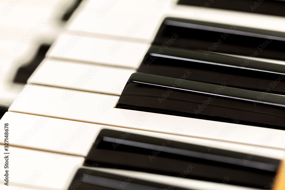 Pipe organ double keyboard macro. Black and white keys extreme closeup ...