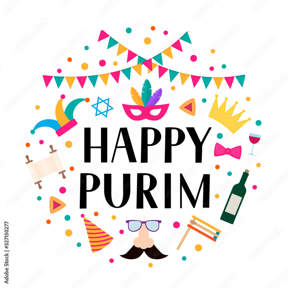 Happy Purim circle label with lettering, props and traditional Jewish ...
