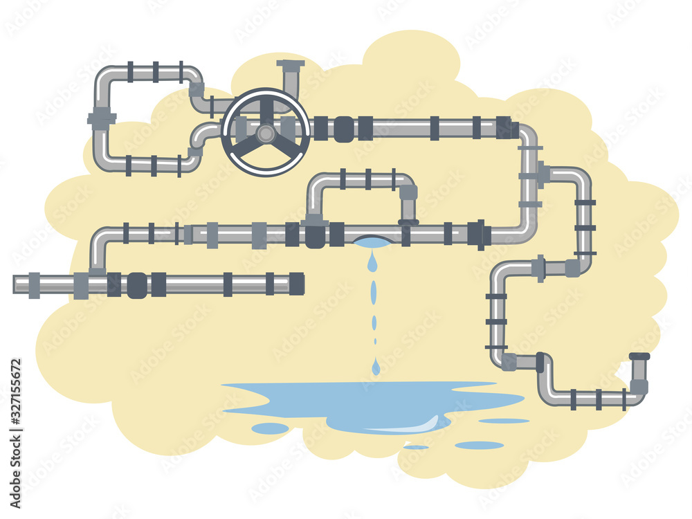 Water leakage in system of sewer and water pipes. Cartoon raster flat ...