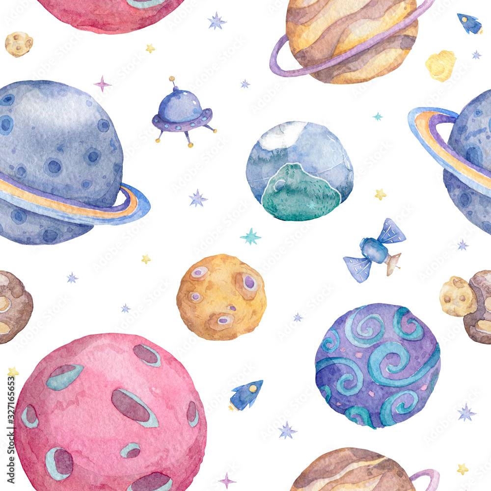 Set of Solar system planets hand drawn illustration. Seamless space ...