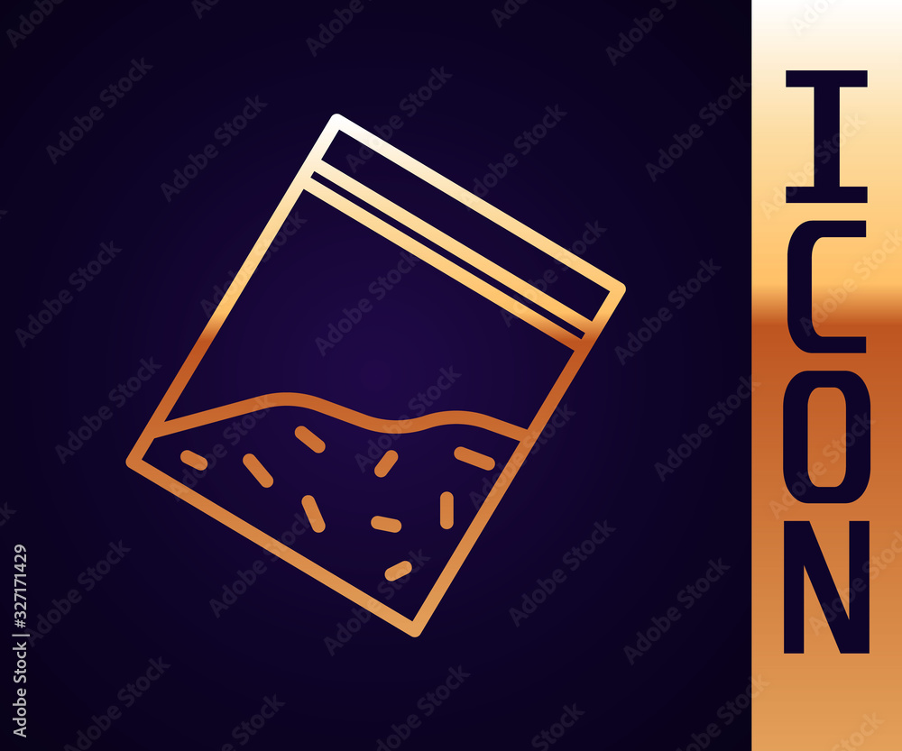 Gold line Plastic bag of drug icon isolated on black background. Health ...