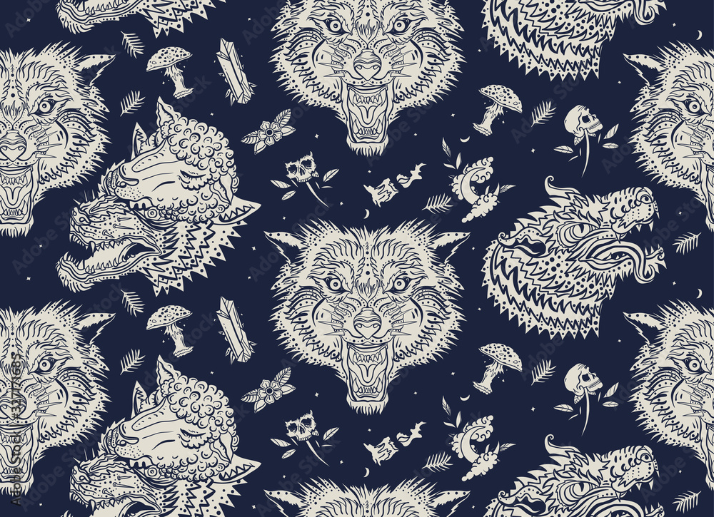 Wolf head vintage seamless pattern. Old school tattoo art. Dark gothic ...