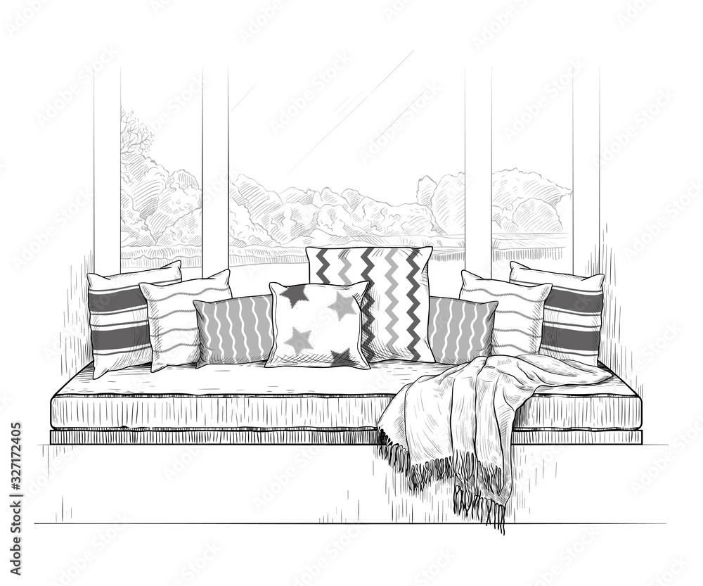 The sofa on the windowsill. Window seat. Hand-drawn vector illustration ...