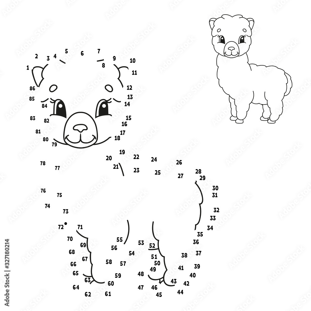 Dot to dot. Draw a line. Animal alpaca. Handwriting practice. Learning ...