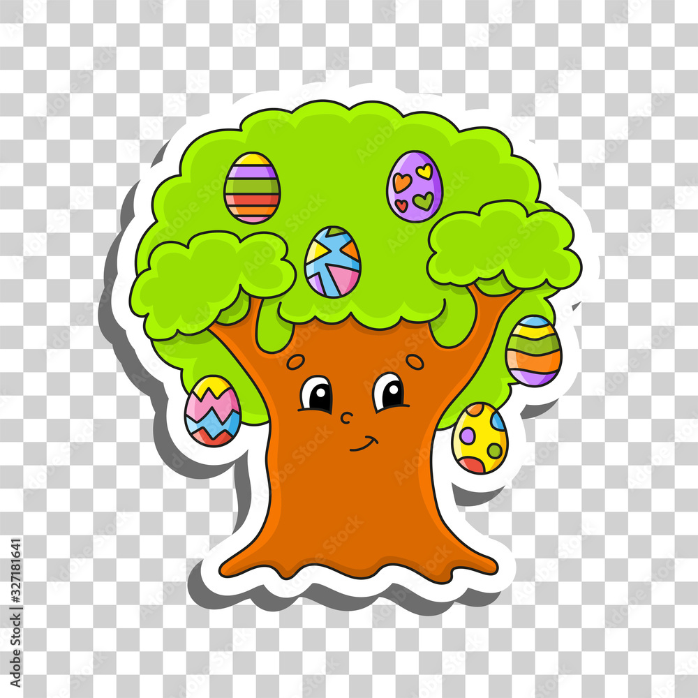 Cute cartoon character. Sticker with contour. Easter egg tree. Colorful ...