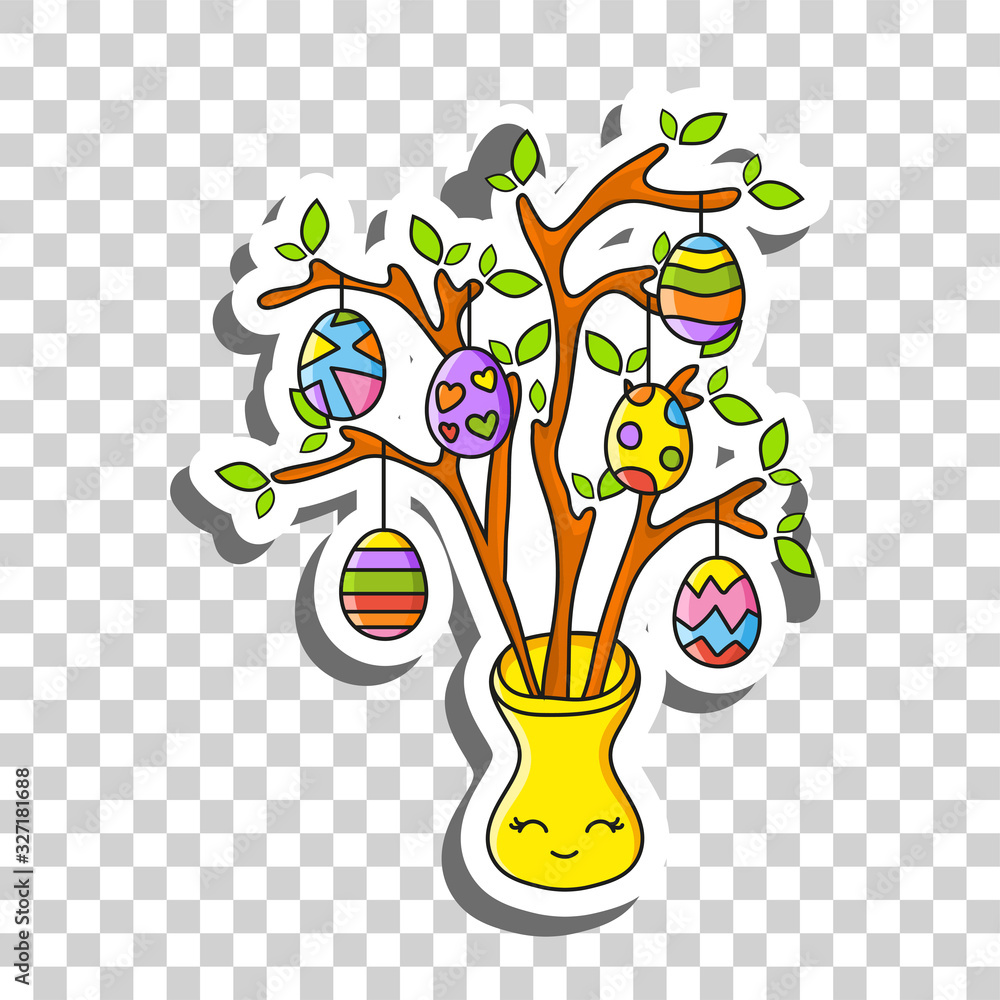 Cute cartoon character. Easter egg tree. Sticker with contour. Colorful ...