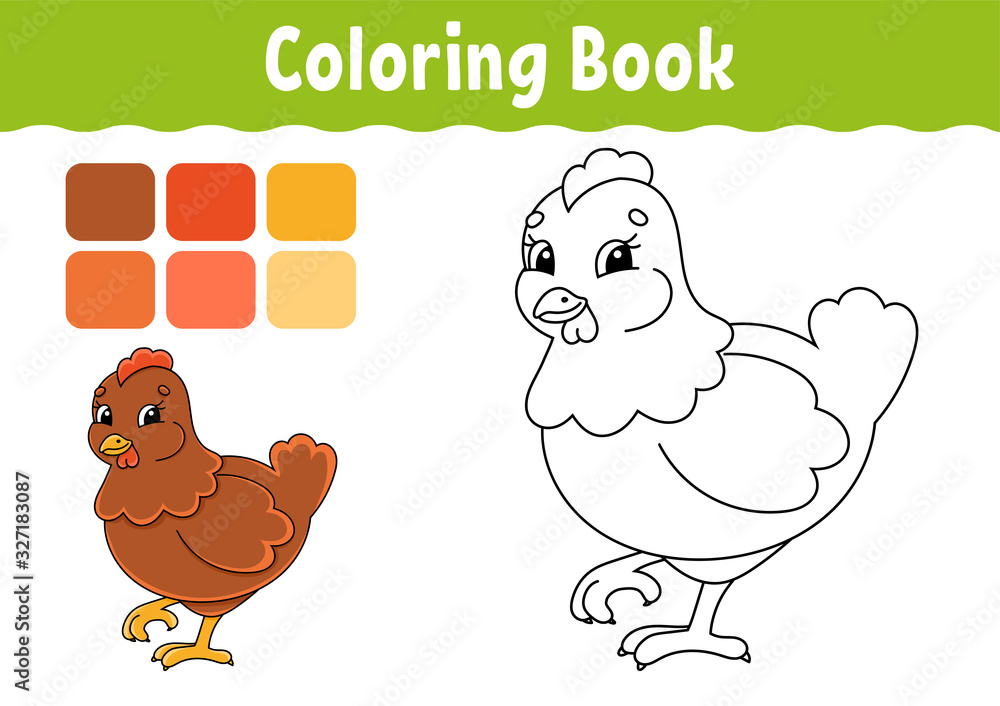 Coloring book for kids. Lovely hen. Cheerful character. Vector ...