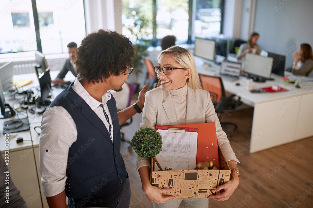 Welcome at new work.Woman moving box with stuff at new office. Stock ...