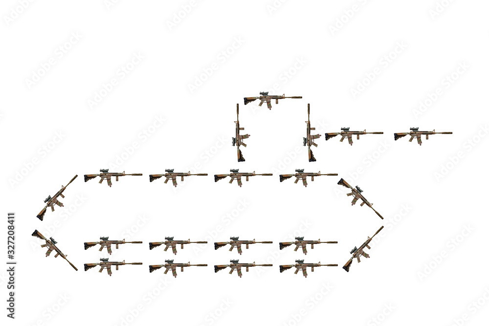 Abstract image of a tank made from assault tactical rifles of the ...