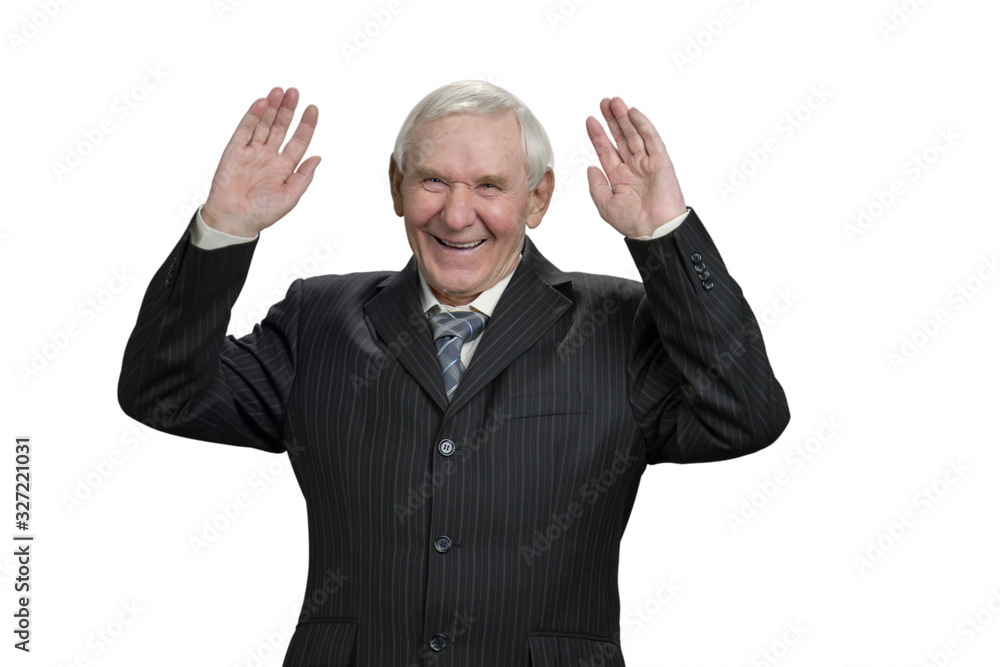 Old man in suit laughing with raised hands. Senior man laughing hard ...