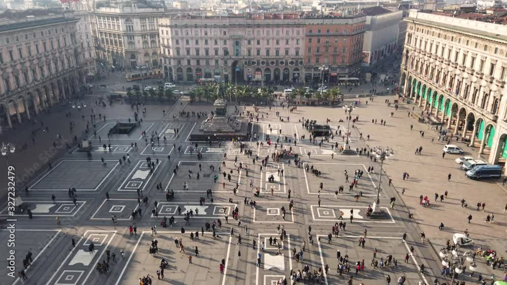 The square in front of the Duomo Cathedral of Milan. Aerial birds eye ...