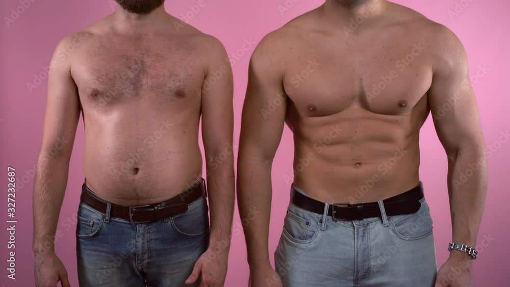 Man's body in comparison, sport training program and successful results ...