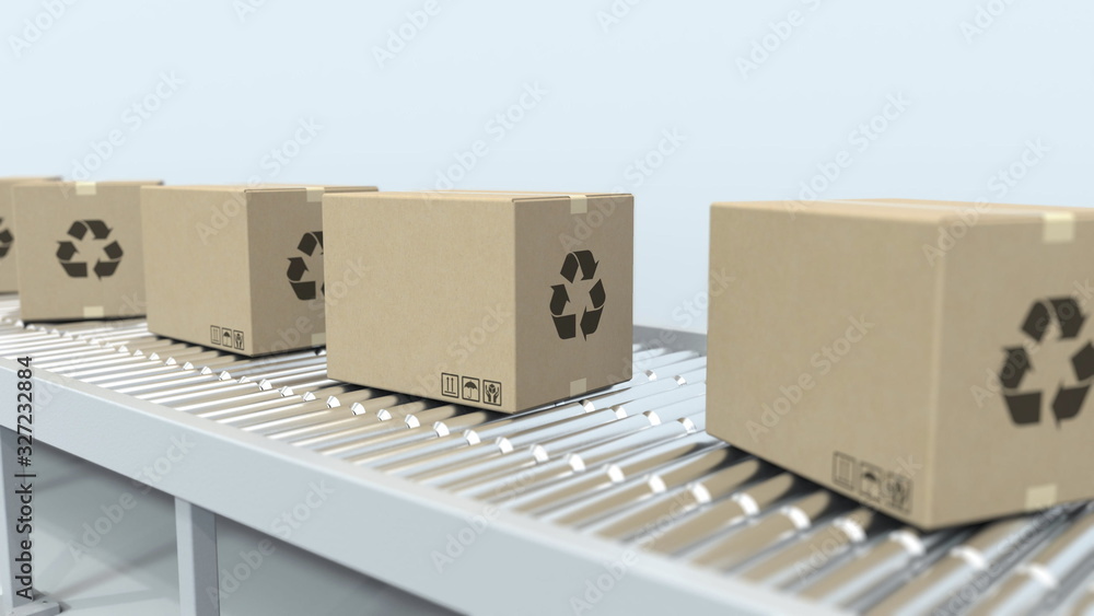 Moving boxes on warehouse roller conveyor. Loopable 3D animation Stock ...