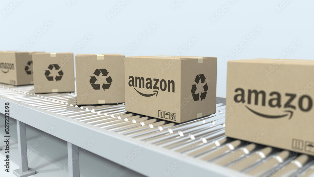 Boxes with AMAZON logo move on roller conveyor. Editorial 3D rendering ...