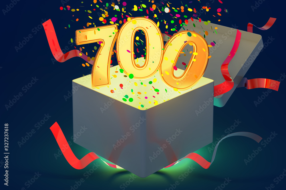 Number 700 inside gift box with confetti and shiny light, 3D rendering ...
